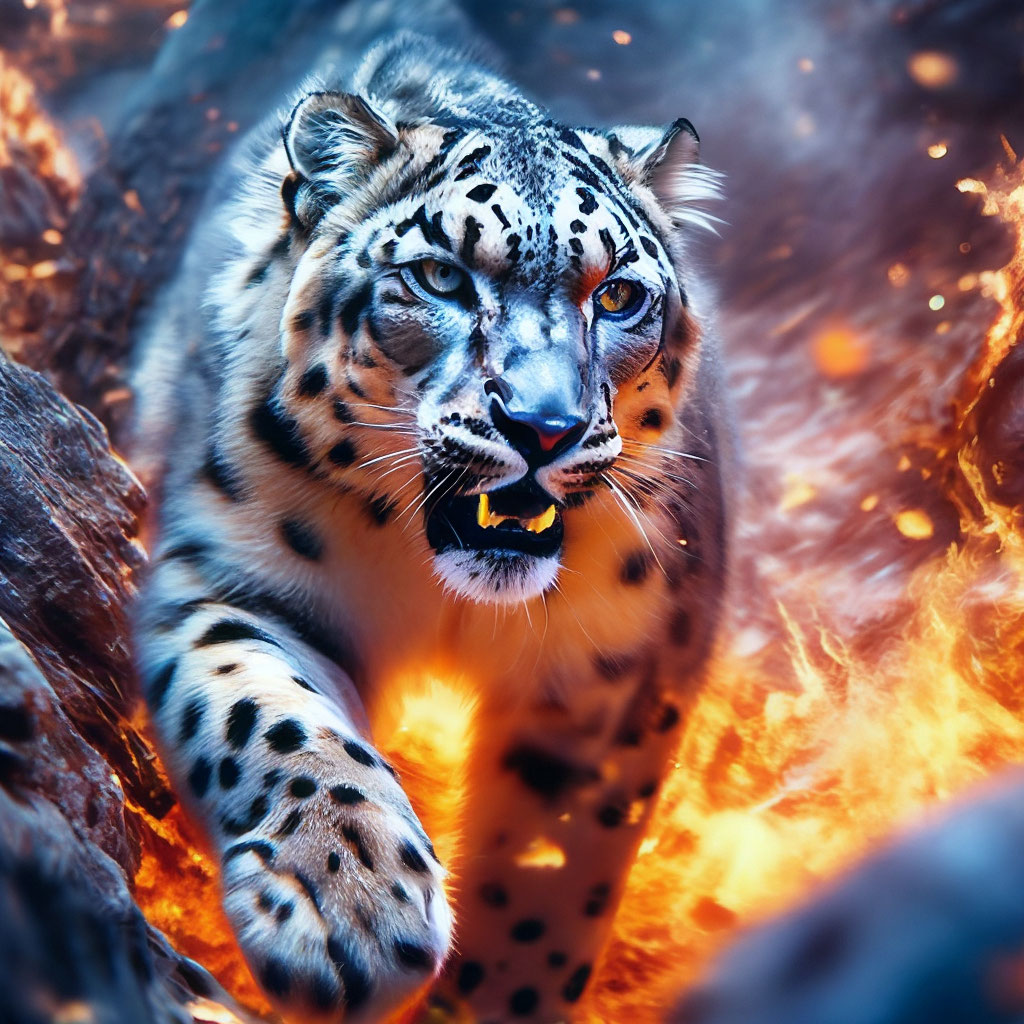"︎ ︎ ︎ snow leopard makes its way through fiery rocks, deepened photo ...