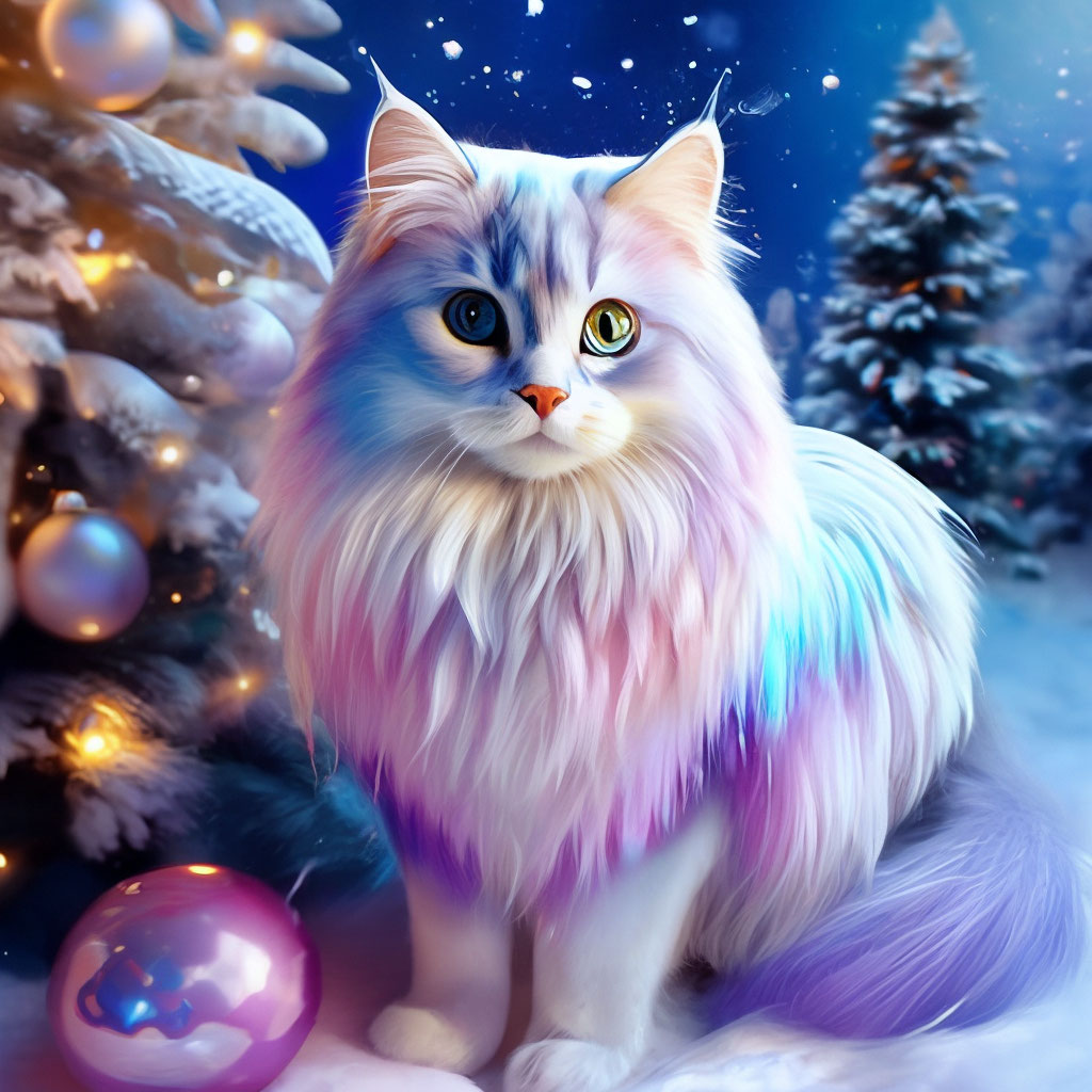 "Beautiful fluffy meikun cat near the Christmas tree, big eyes, with ...