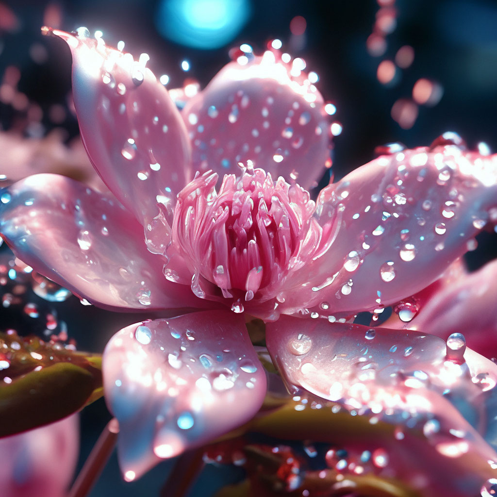 "Pink magnolia close-up, dewdrops, radiance, hyperdetalization, glitter ...