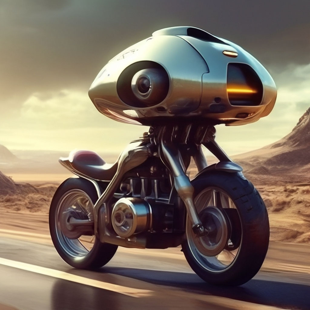 "Motorcycle droid ufo" — image created in Shedevrum