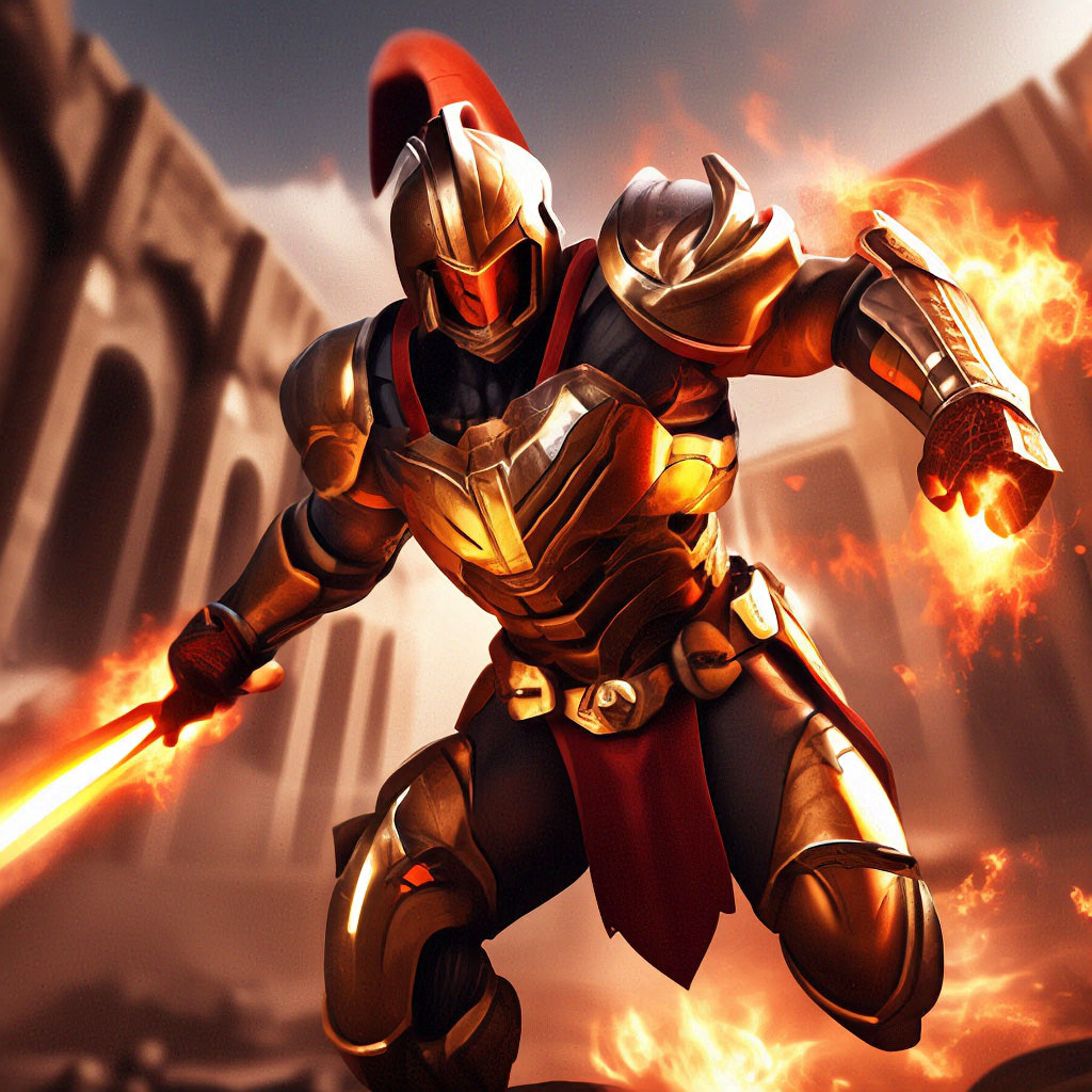 "Mars jumping into battle arena wearing battle gear and holding flaming ...