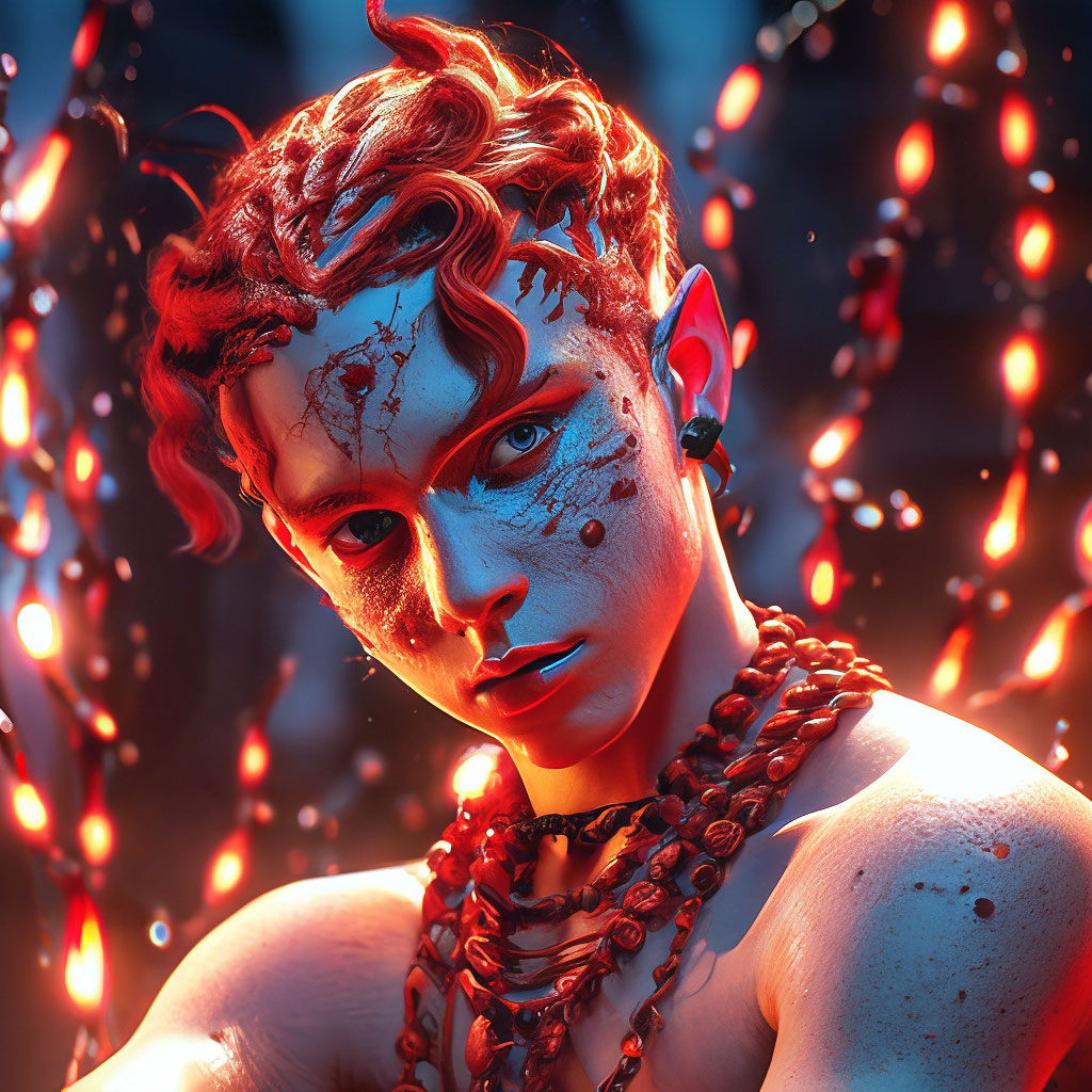 "Demon boy, red skin, 20 years old, sitting, drops, transparent eyes ...