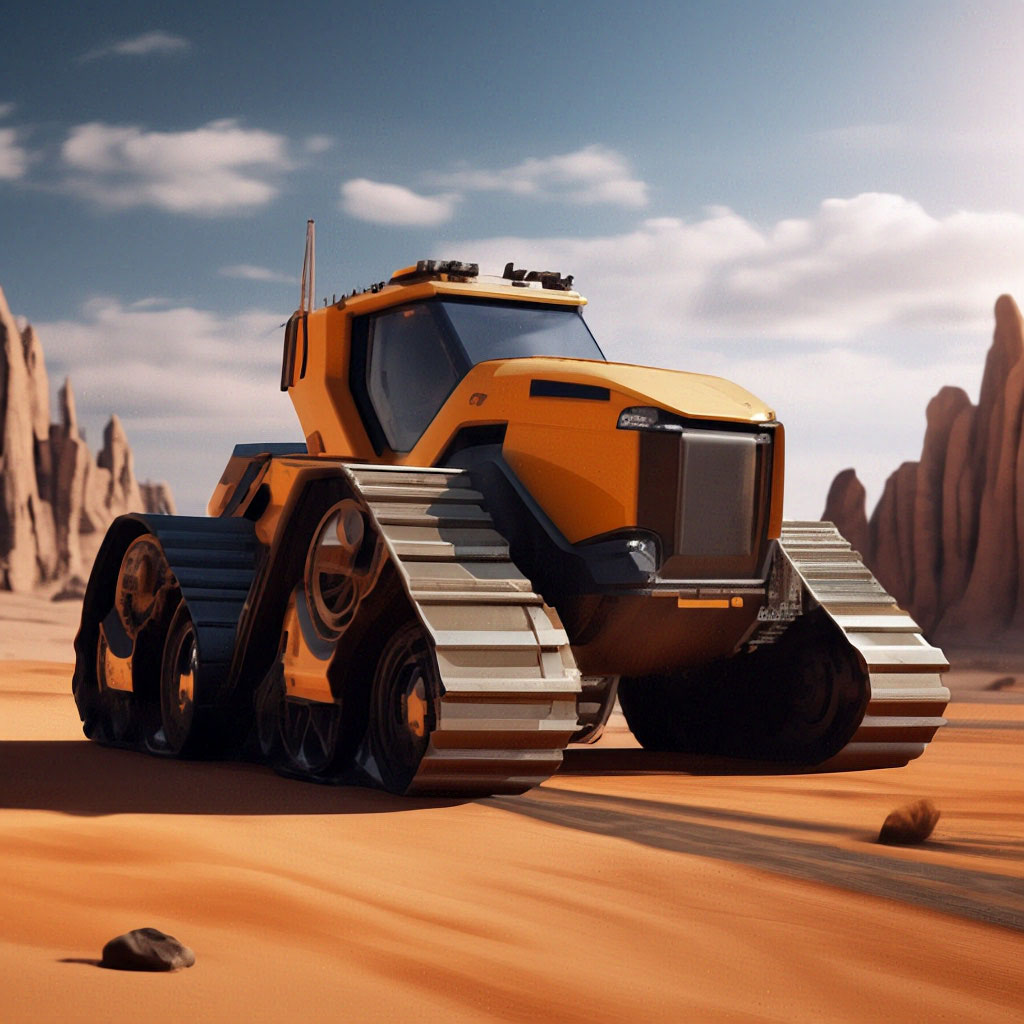 "Futuristic, four-tracked, heavy bulldozer, minimalistic design, rocky ...