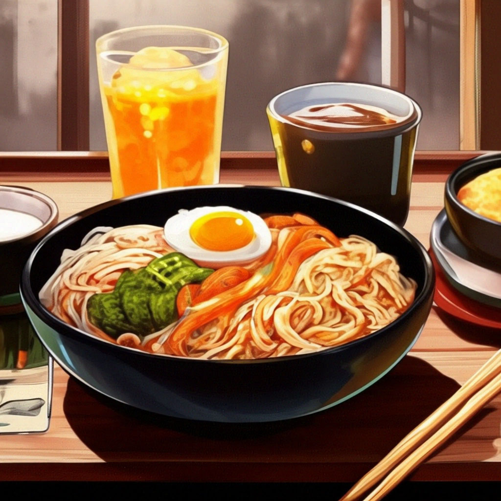 "Japan anime style food, vegetables nuddles meet drinks aesthetic ...