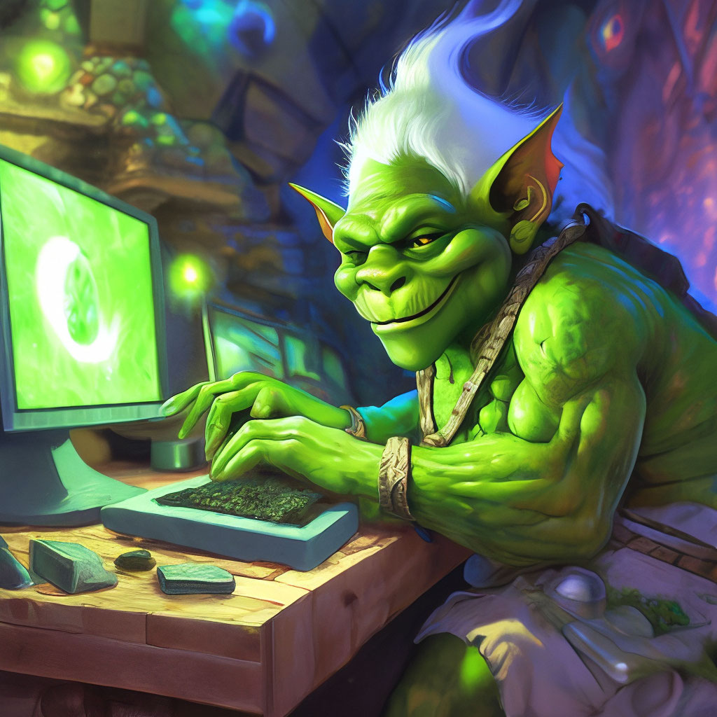 "The green troll is playing at the computer" — image created in Shedevrum