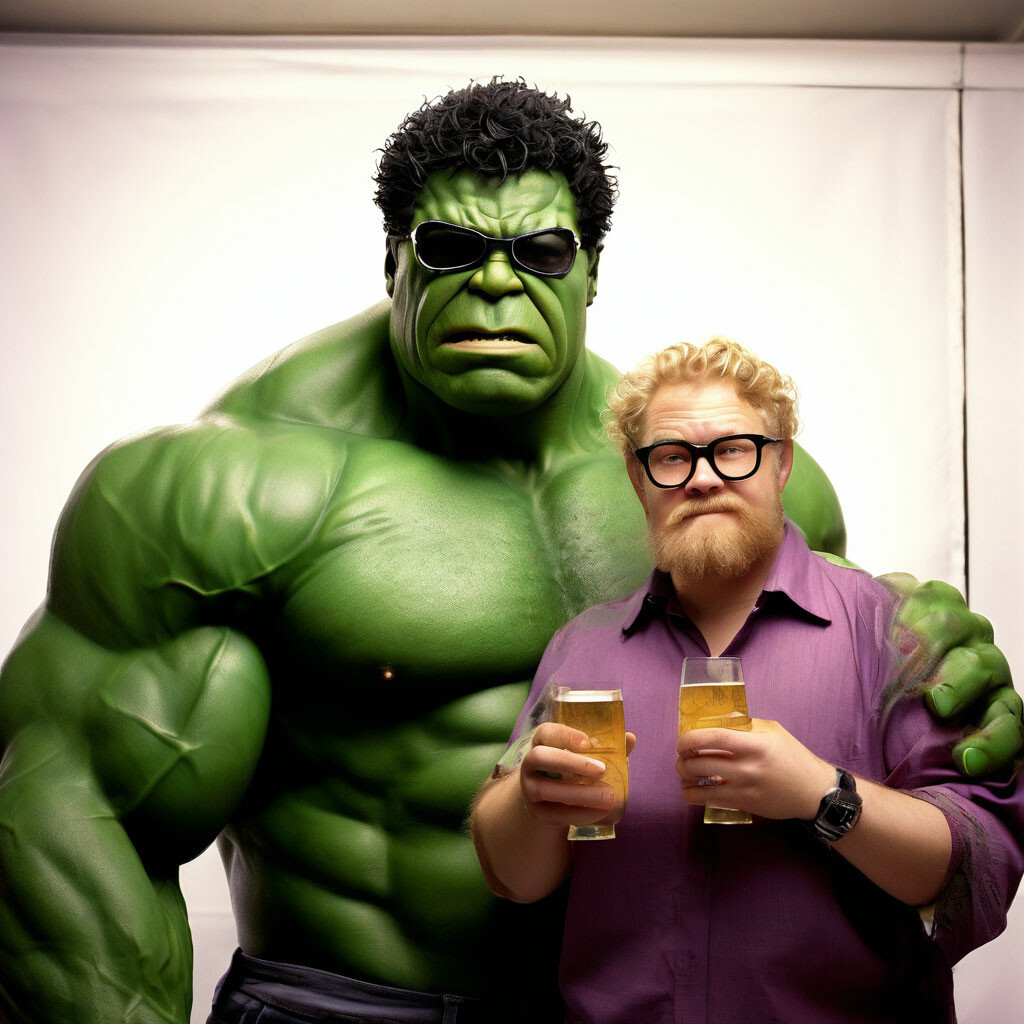 "The Hulk, next to a real 36-year-old …" — image created in Shedevrum
