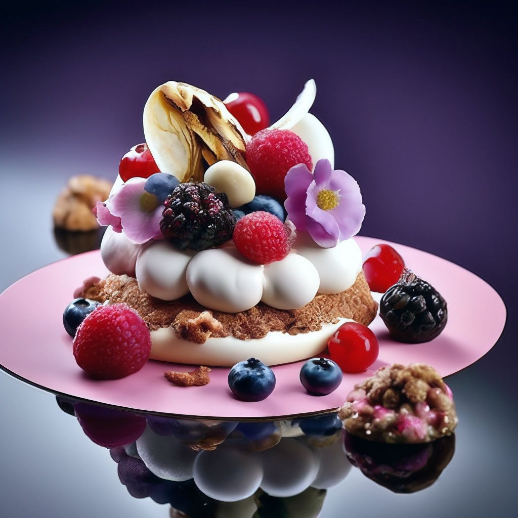 "Dessert, molecular cuisine, wild berries + cream + meringue+ chocolate ...