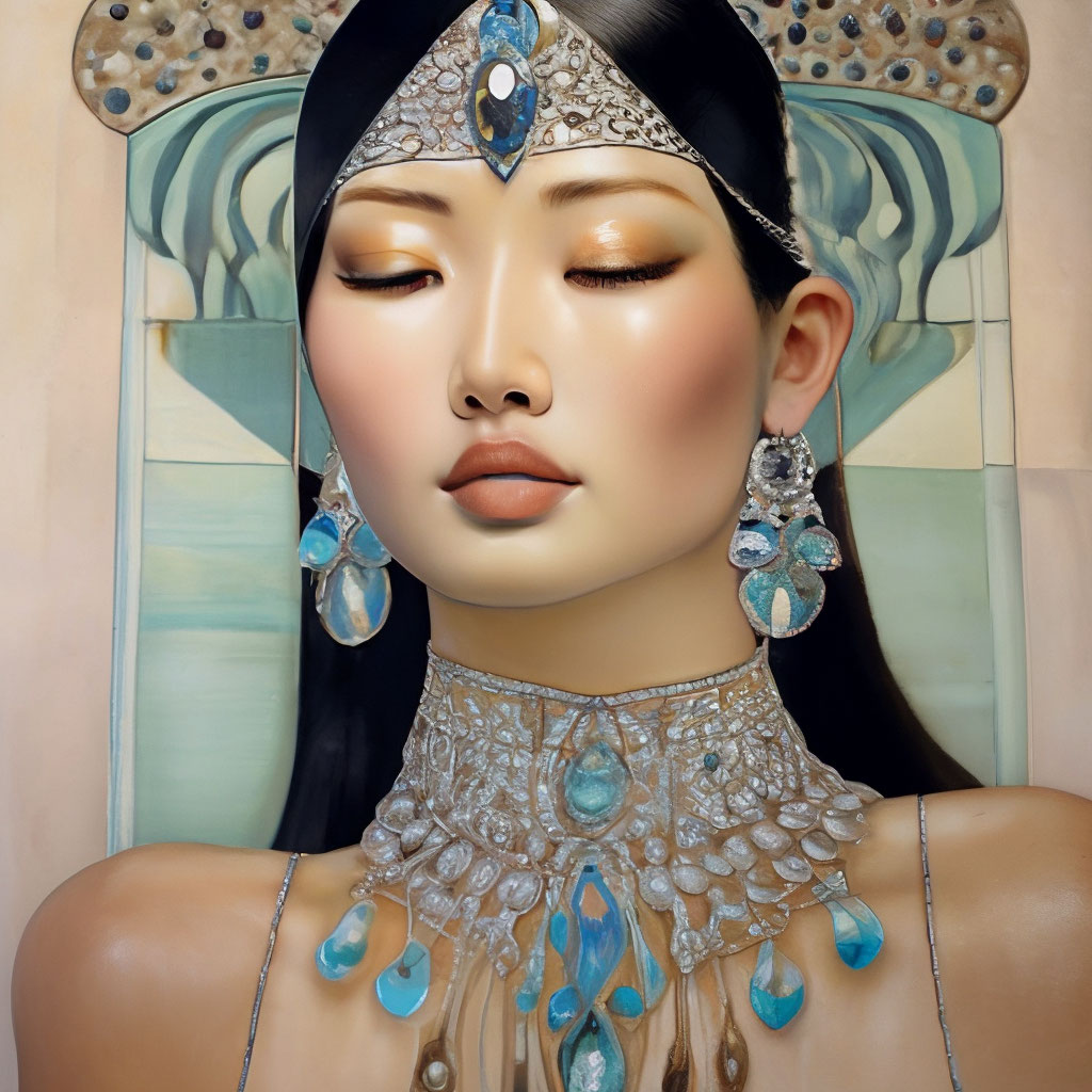 "Sensual Mongolian woman realistic face fragment,wide cheekbones closed ...