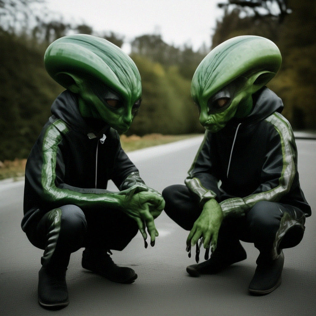 "Aliens in tracksuits talking to boys" — image created in Shedevrum