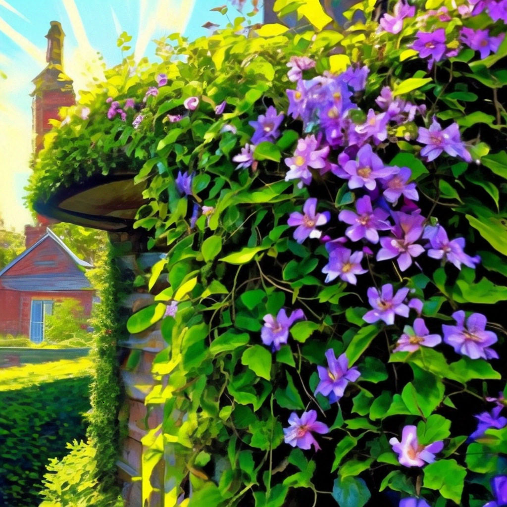 "A climbing plant with beautiful flowers has entwined the hedge ...
