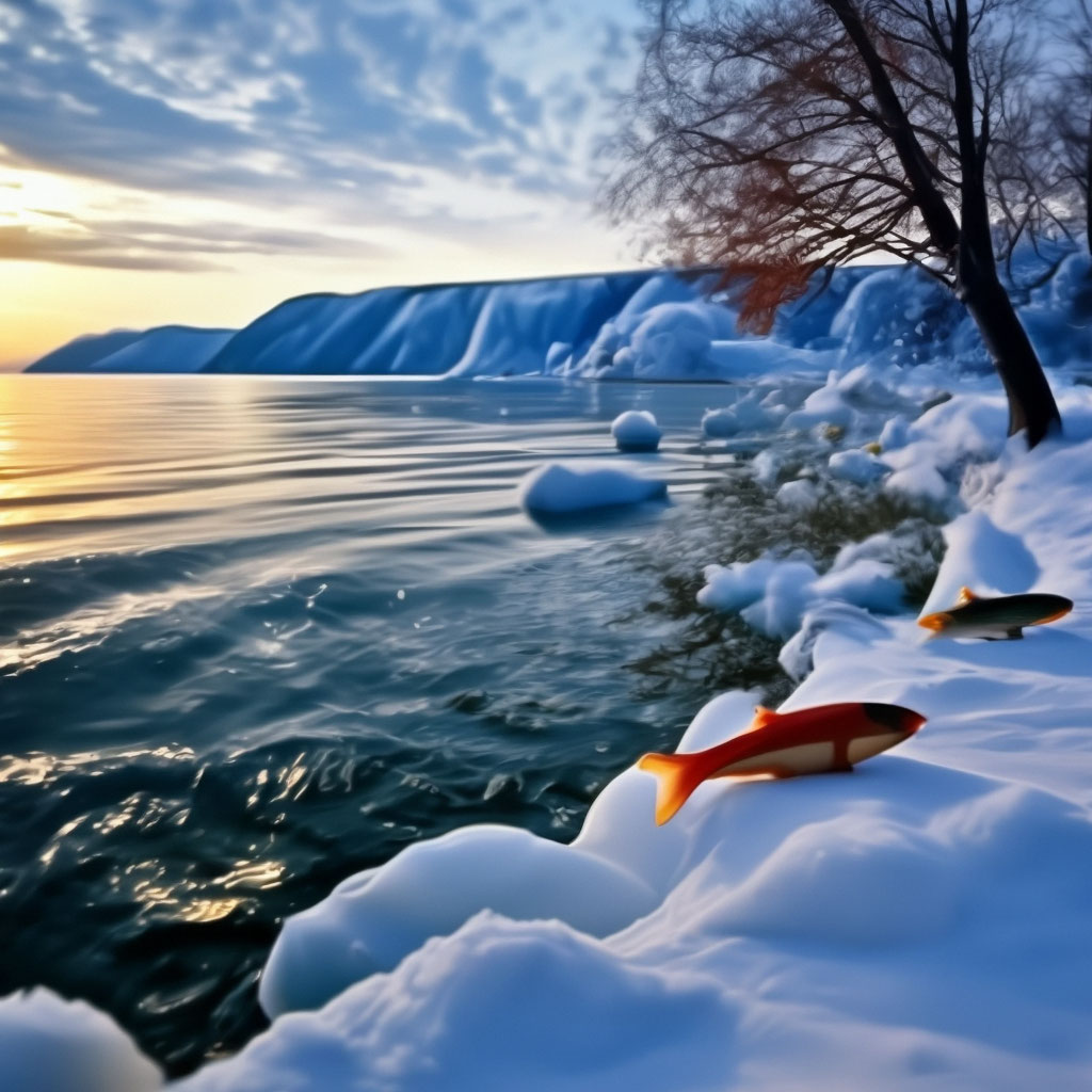 "Lake Baikal, omul fish on the shore. Snow is falling, it's beautiful ...