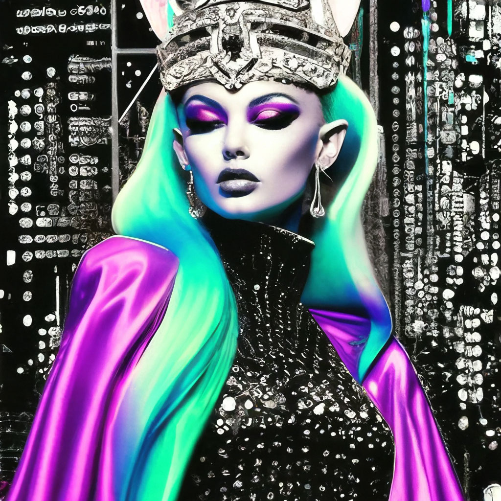 "Glam-rock 80's style, dot art, white, sepia, black, dark beautiful elf ...
