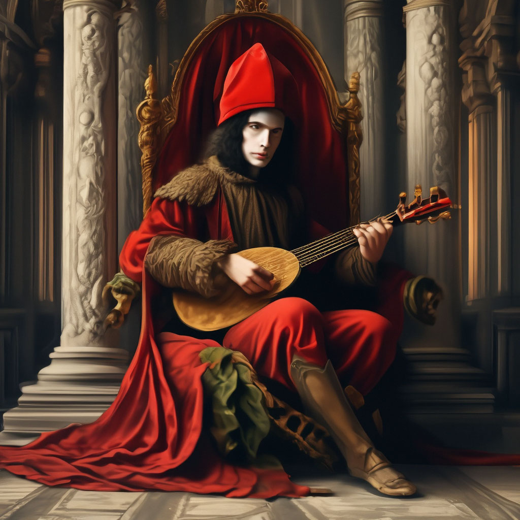 "A sad Fool on the throne plays the lute on the head of the Fool a red ...