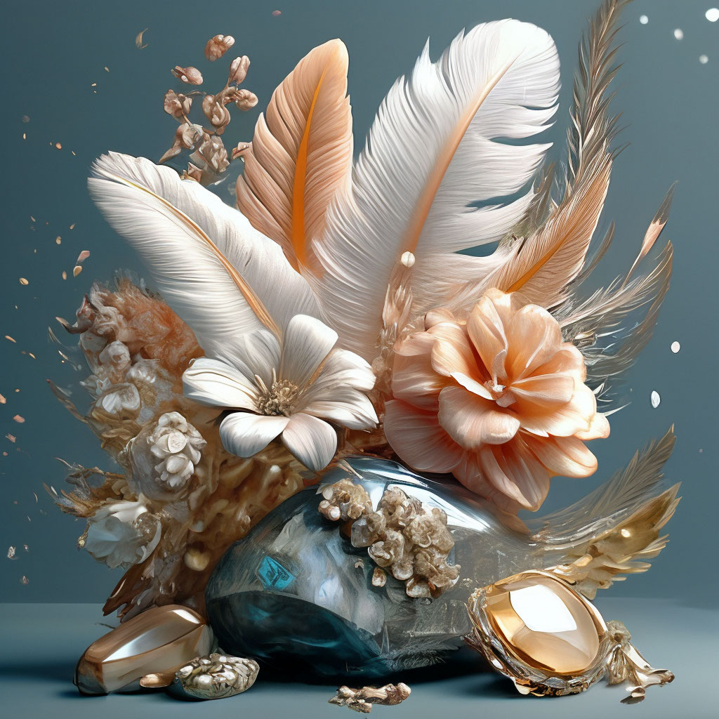"Feathers, precious stones, delicate flowers, shell, composition ...