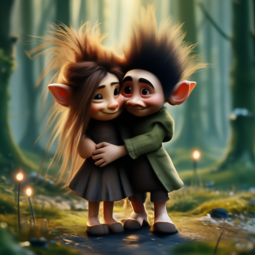 "Love. The cutest trolls tenderly embrace.in the style of Tim Burton, a ...