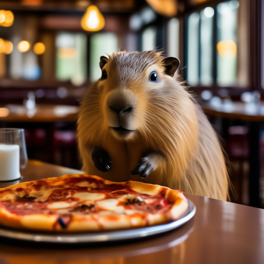 "A capybara that eats pizza in a restaurant" — image created in Shedevrum