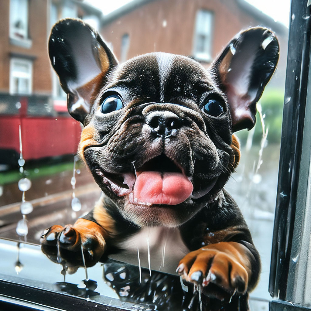 "A joyful French bulldog puppy enjoys the rain outside the window ...