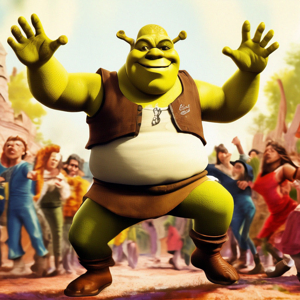 "Shrek is dancing because there are 200 subscribers" — image created in ...
