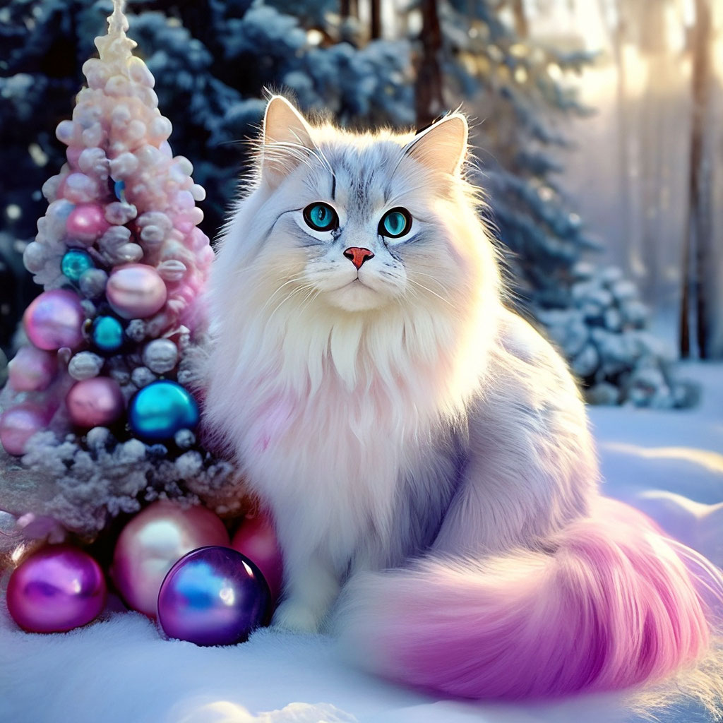 "Beautiful fluffy meikun cat near the Christmas tree, big eyes, with ...