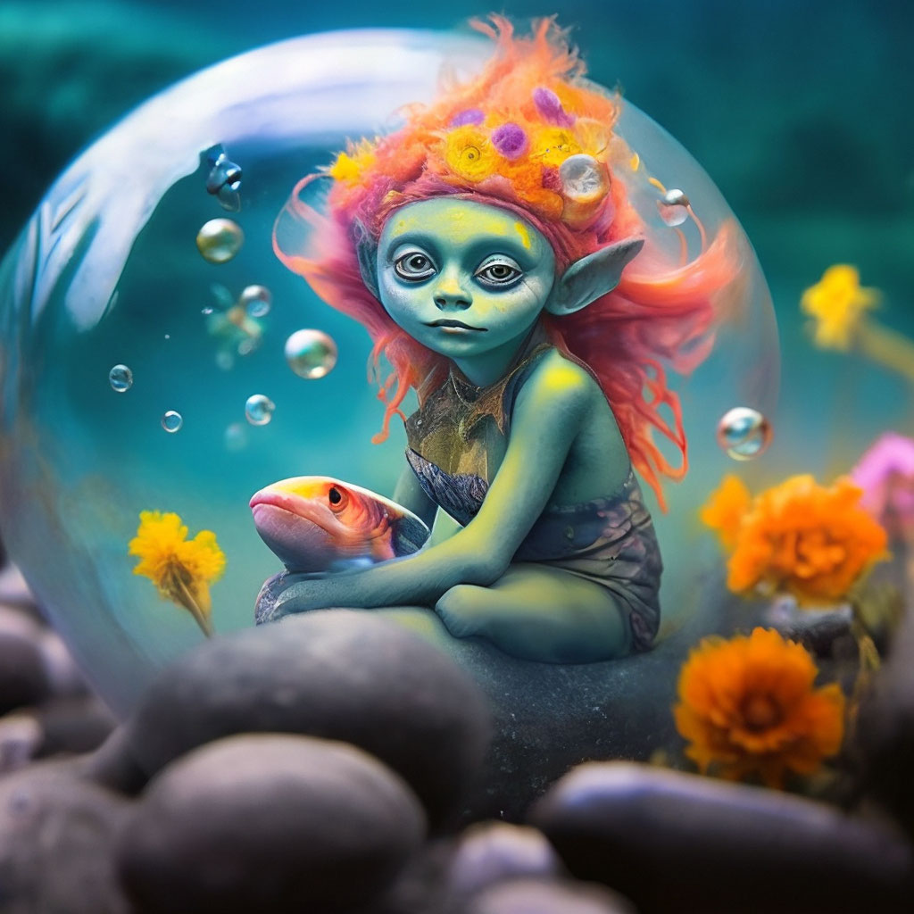 "Poster, portrait, introverted fish troll, sitting on a boulder on the ...