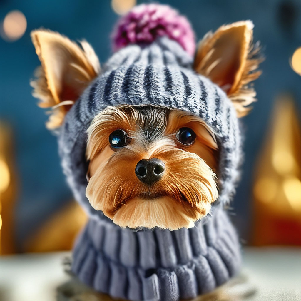 "A Yorkshire terrier dog in a knitted hat with a pompom and ski suit ...