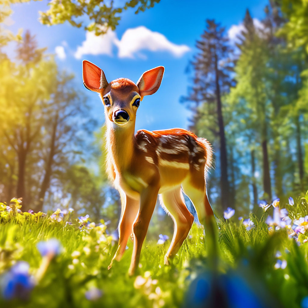 "Bambi fawn, against the background of a spring forest, cute animal ...
