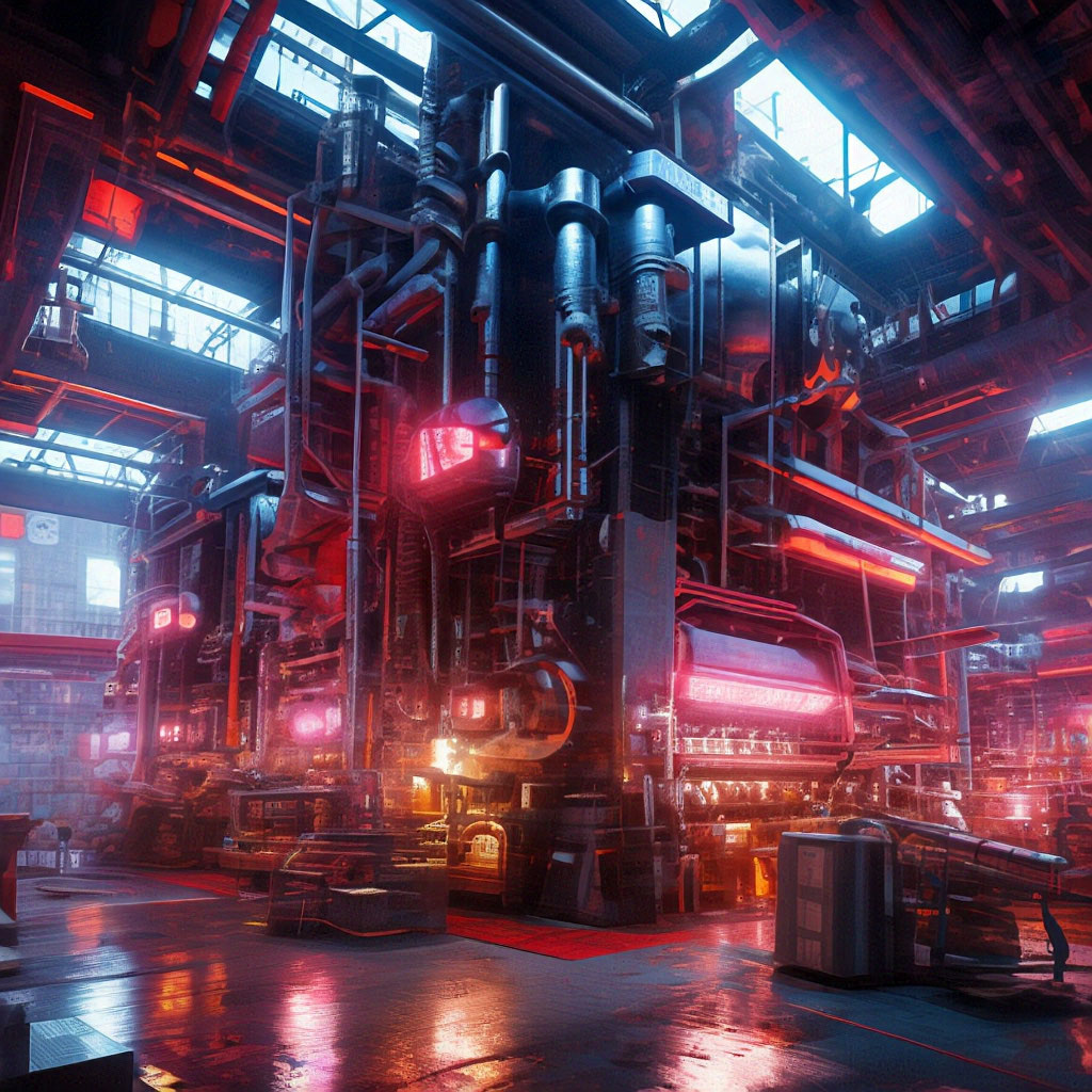 "Cyberpunk factory" — image created in Shedevrum
