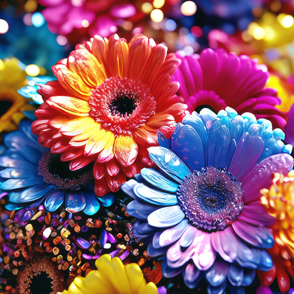 "Multicolored gerberas hyperdetalization, mysticism,fantasy, mythology ...