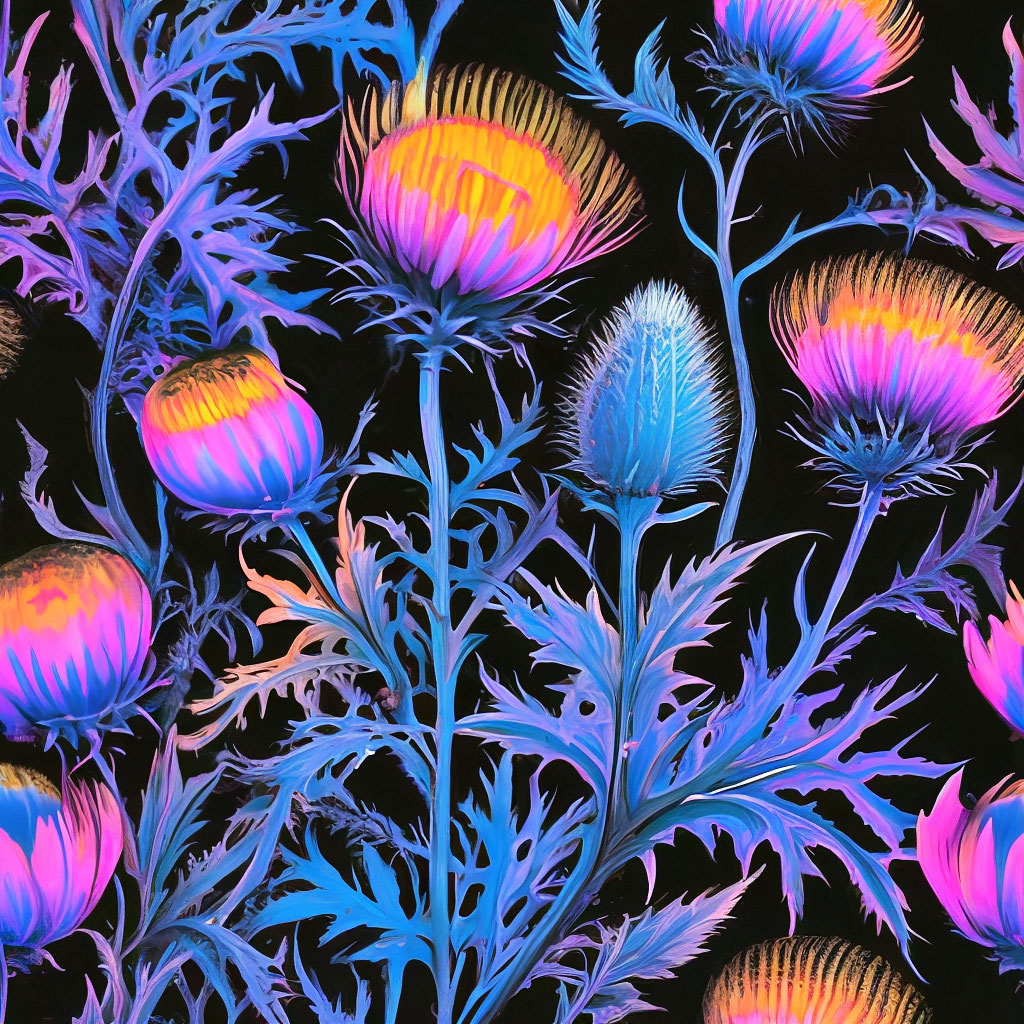 "Dark botanical, thistle, neon" — image created in Shedevrum