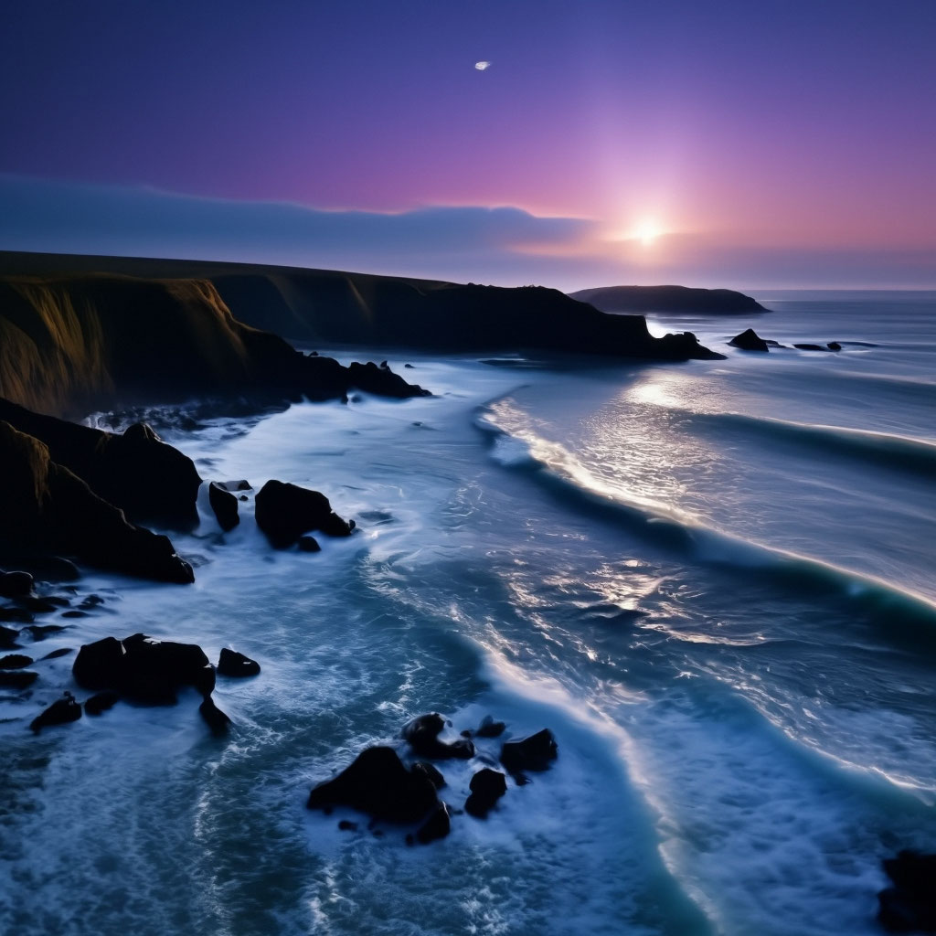 "A magical night bird's-eye view, night full moon, pale purple northern ...