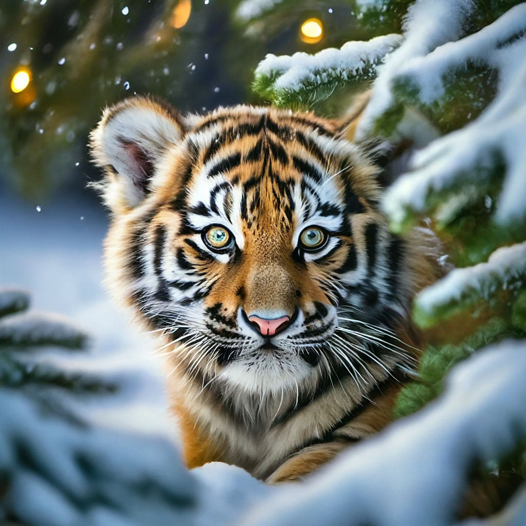 "Funny cute fluffy tiger cub peeks out from under the branches of the ...