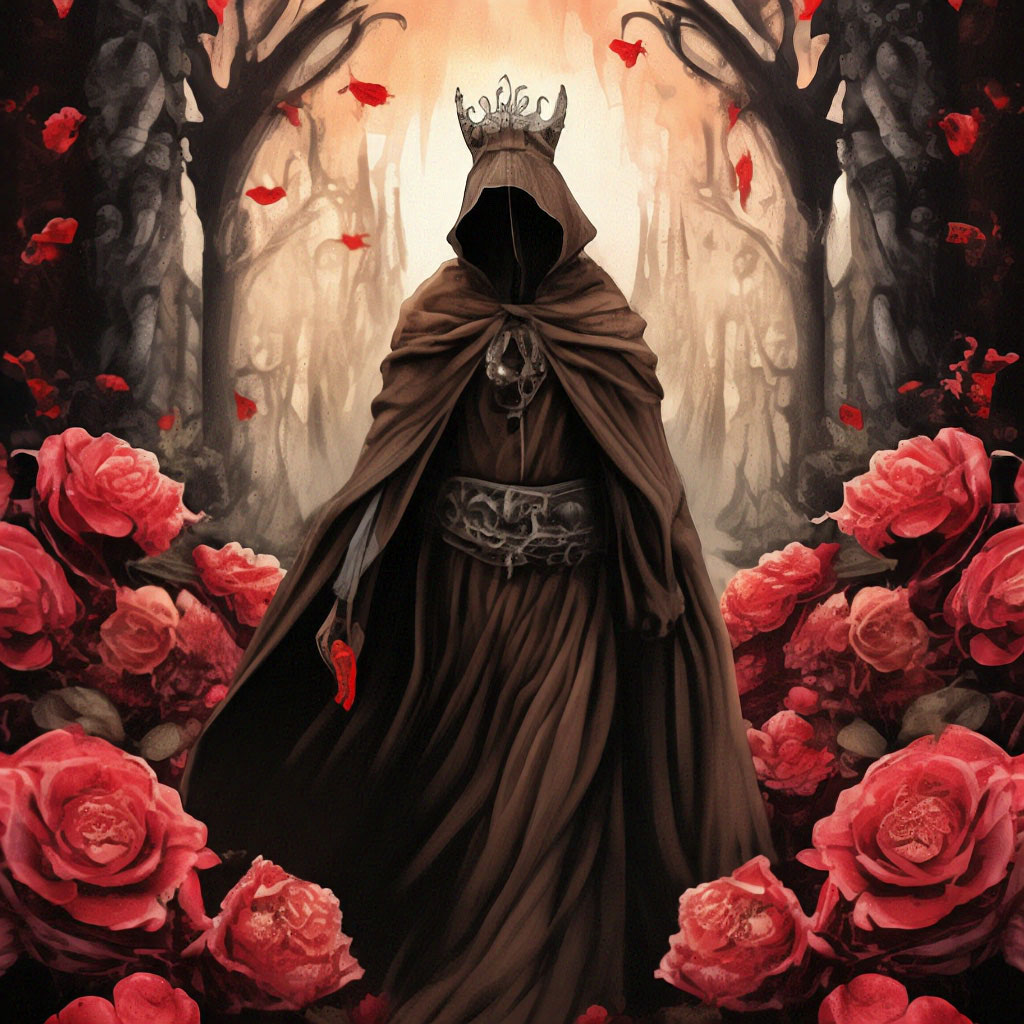 "Necromantics, a skeleton in a brown cloak and crown walks through a ...