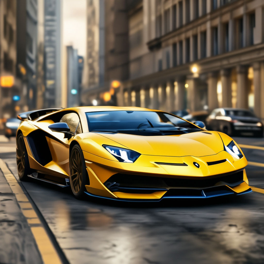 "Lamborghini aventador svj transformer, yellow with blue tuning, stands ...
