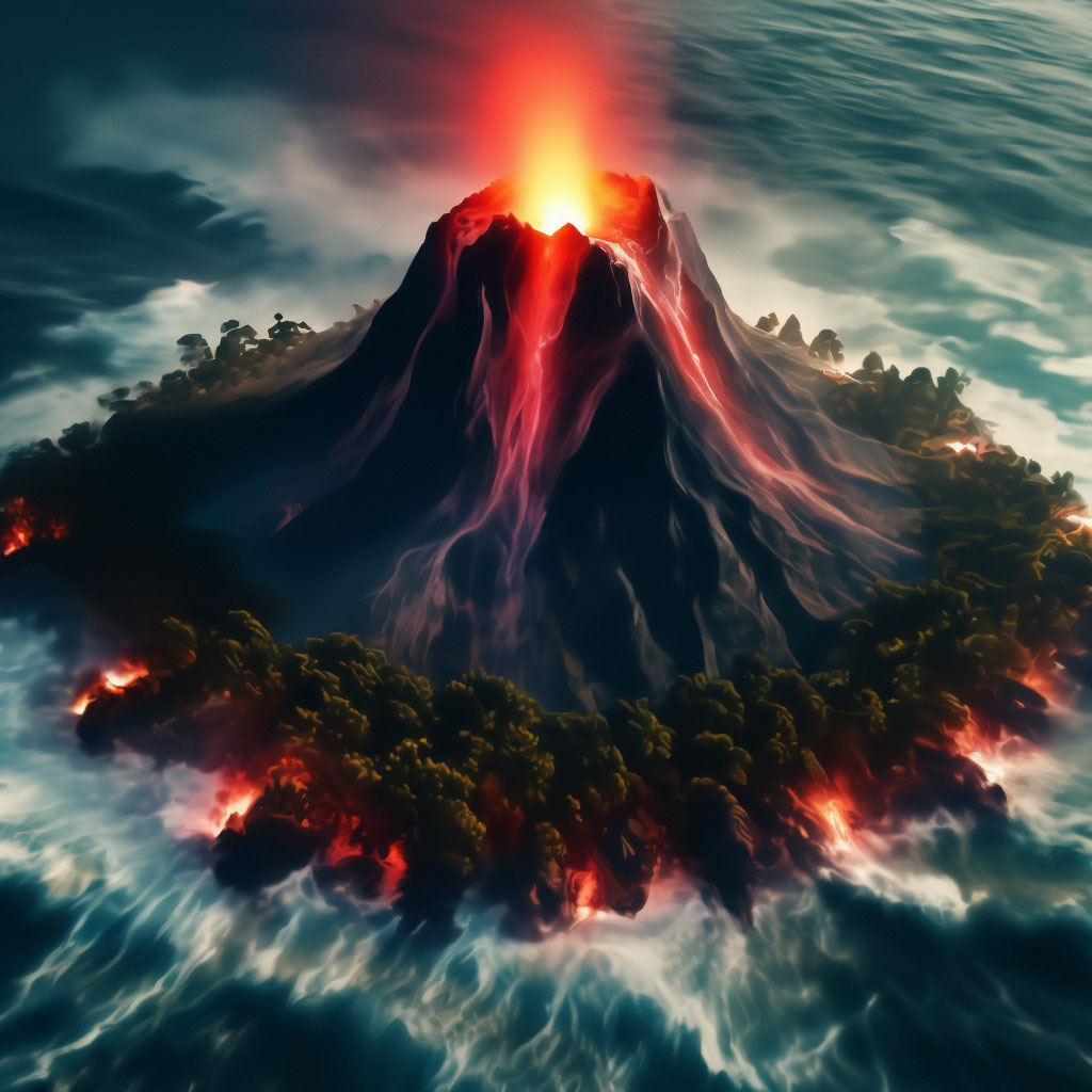 "In a stormy ocean, an island with palm trees and an erupting volcano ...