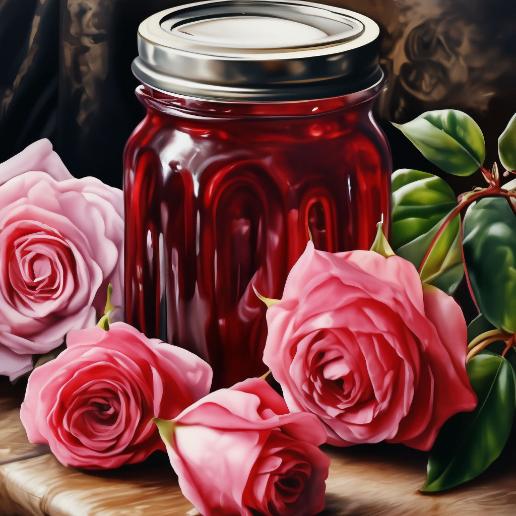 "Rose jam watercolor drawing, classic still life in pastel colors ...