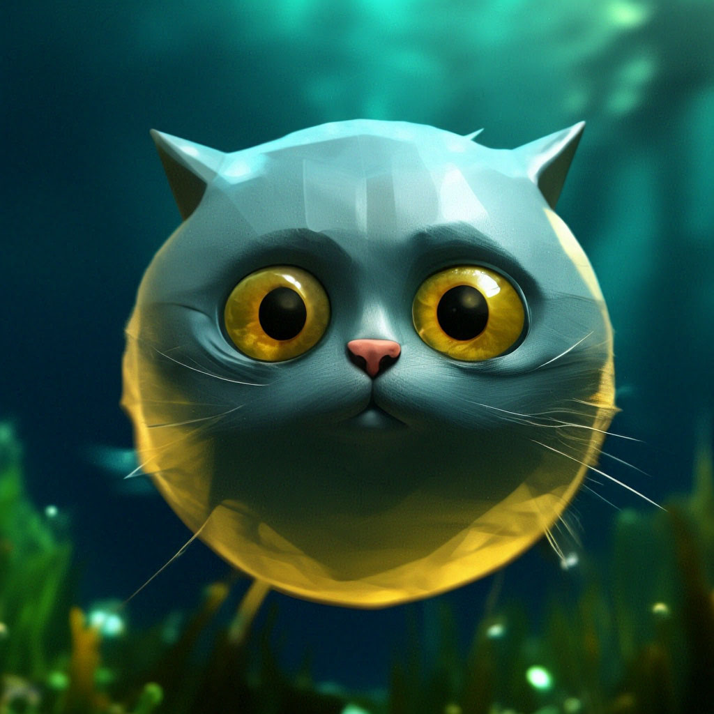 "A surprised spherical underwater cat" — image created in Shedevrum