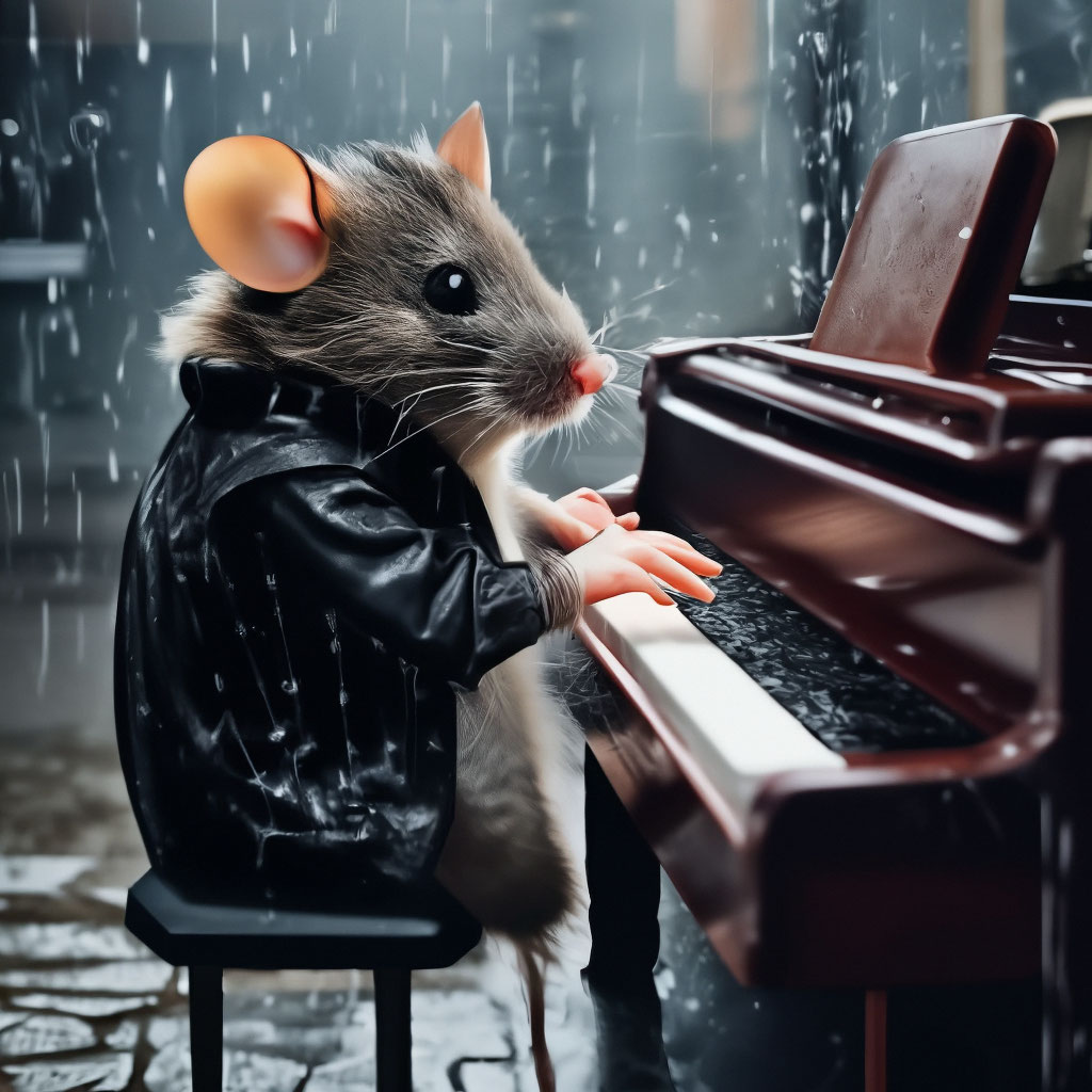 "A very very fat rocker mouse is …" — image created in Shedevrum