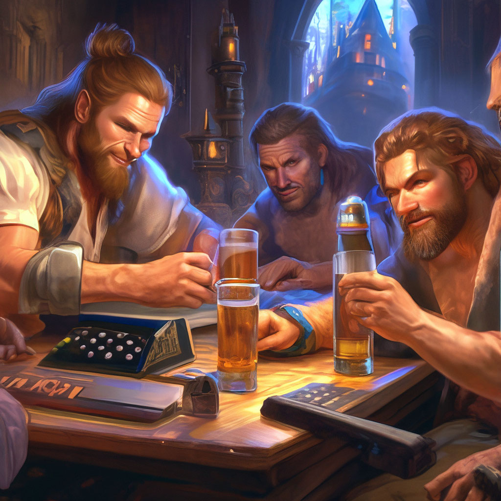 "Beer men play fantasy games on the computer" — image created in Shedevrum