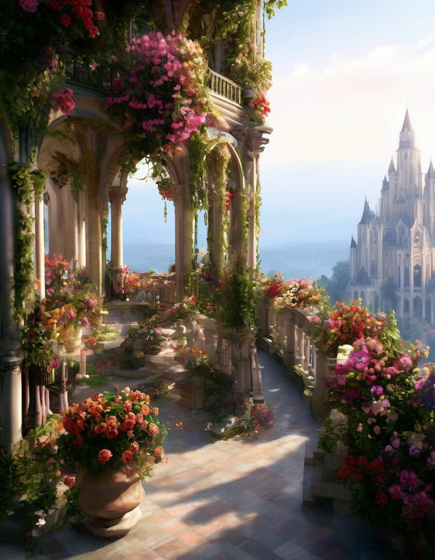 "Fantasy wide palace terrace,balcony is drowned in flowers many colors ...