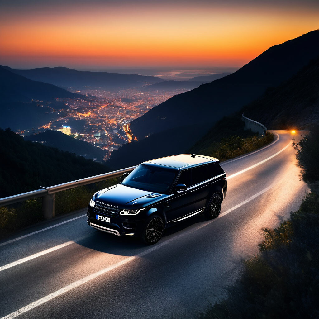 "Range Rover Sport on a mountain serpentine, night city lights in the ...