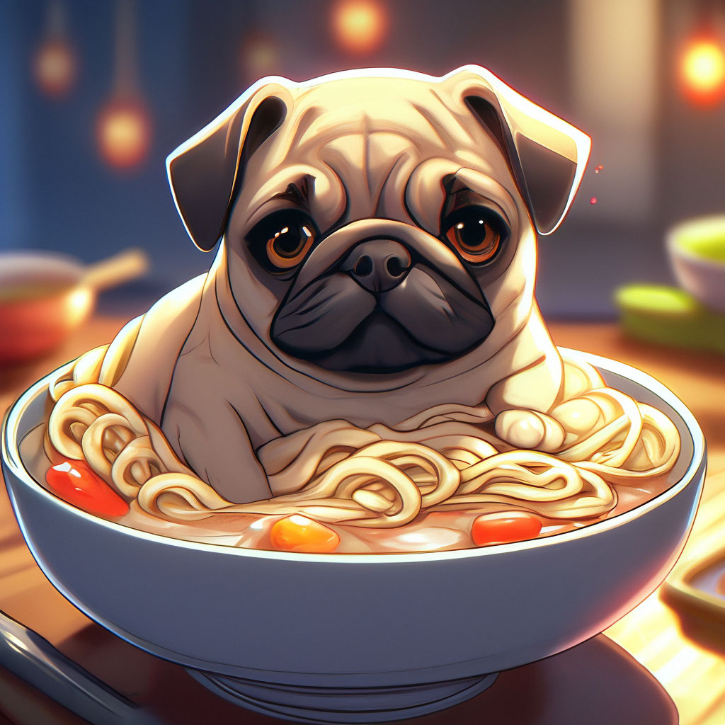"Pug in a noodle dish, anime style" — image created in Shedevrum