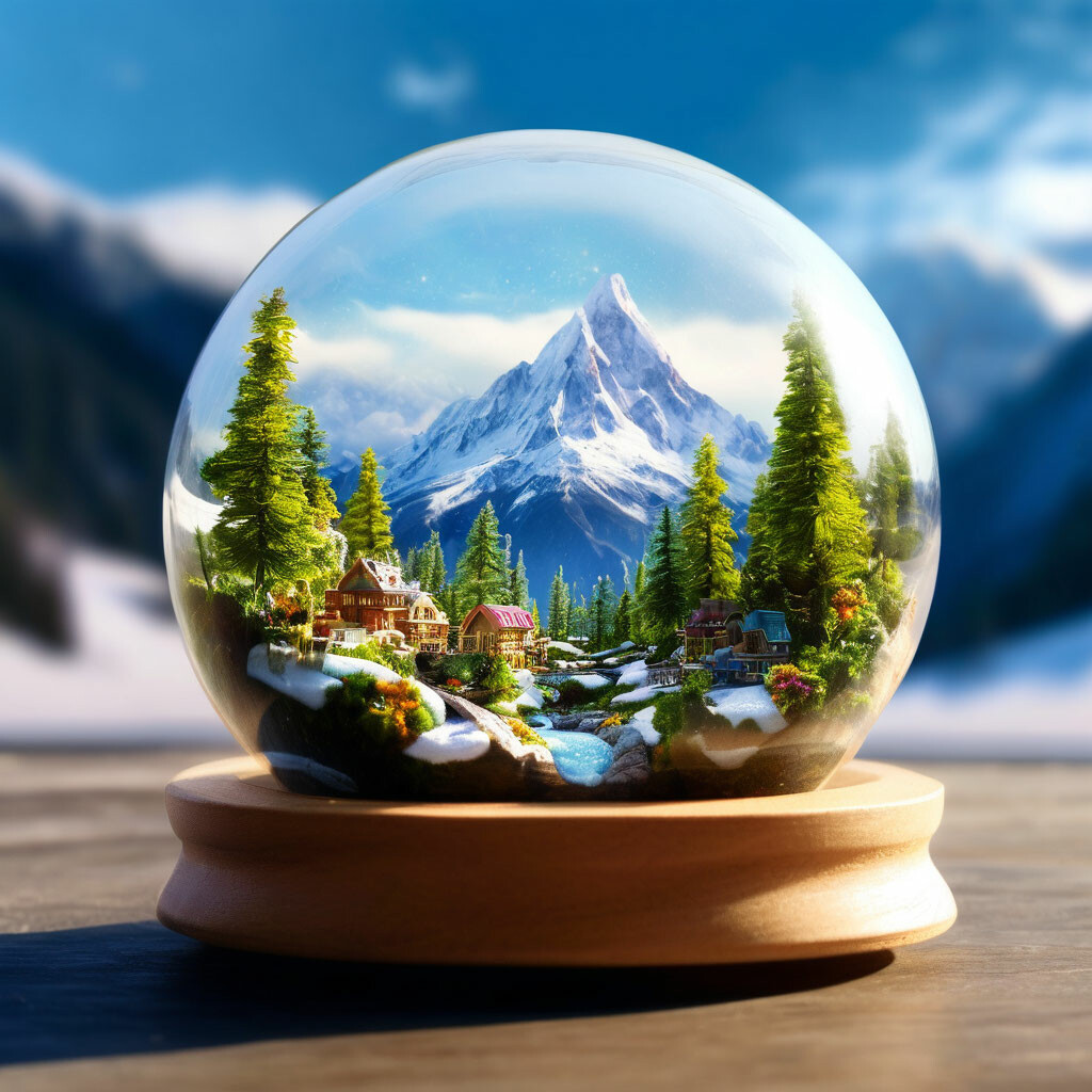 "Fairyland, botanical art, cozy valley near snow-capped mountains ...