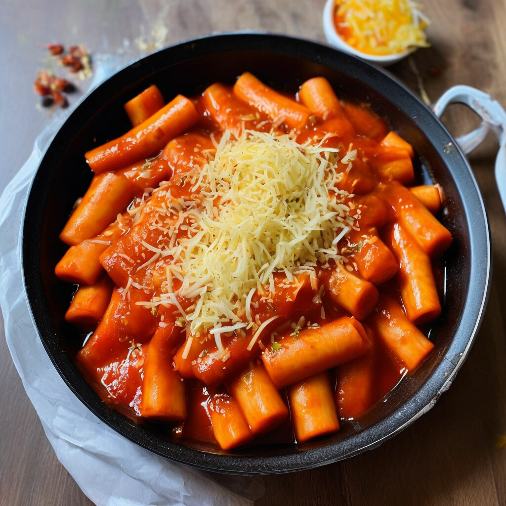 "Tokpokki with sausages in hot sauce, sprinkled with cheese" — image ...
