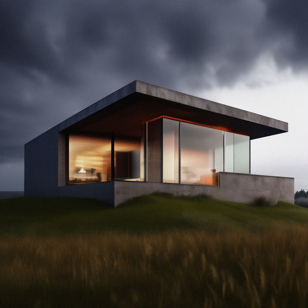 "Modern fortress house made of concrete, without glazing, flat roof ...