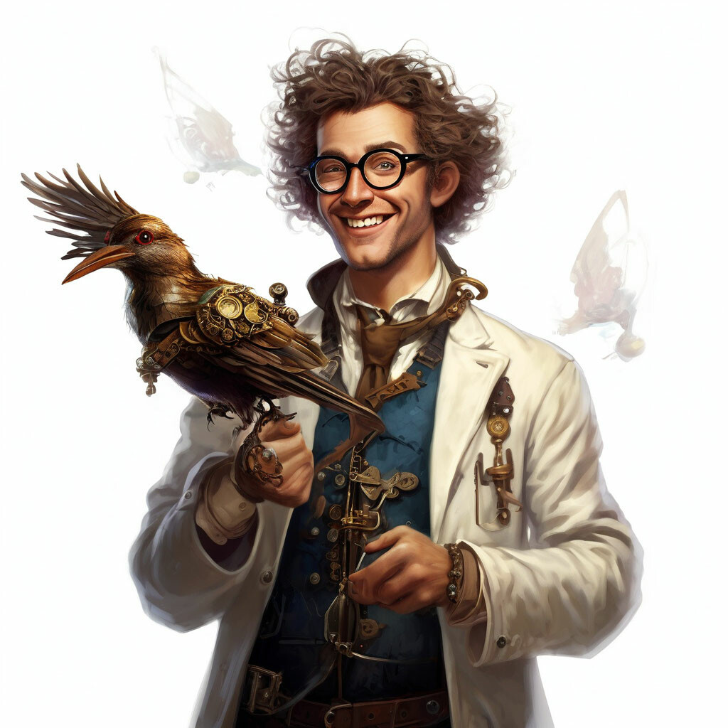 "A disheveled smiling scientist in a white coat, glasses, holding a ...