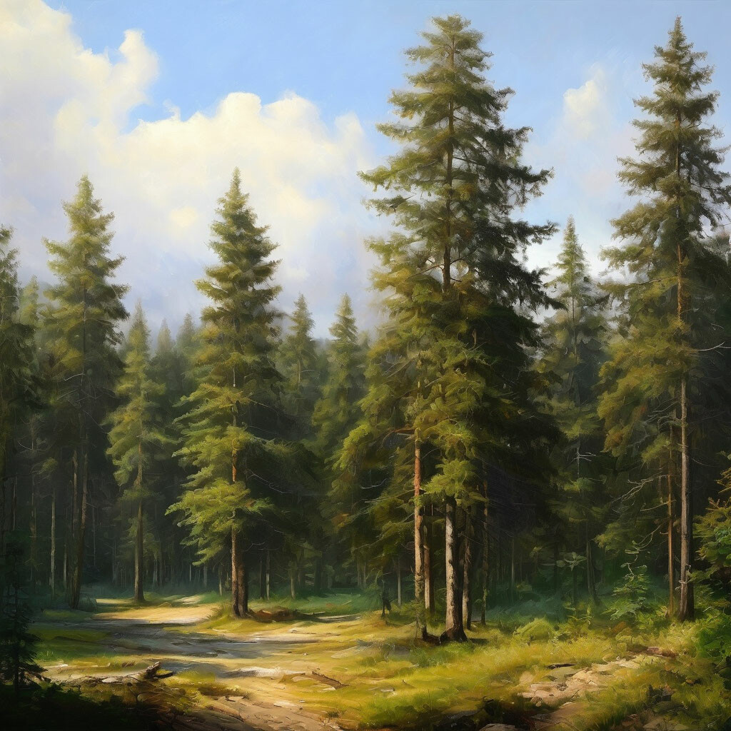 "Coniferous forest, beautiful fluffy fir trees, adult fir trees and ...