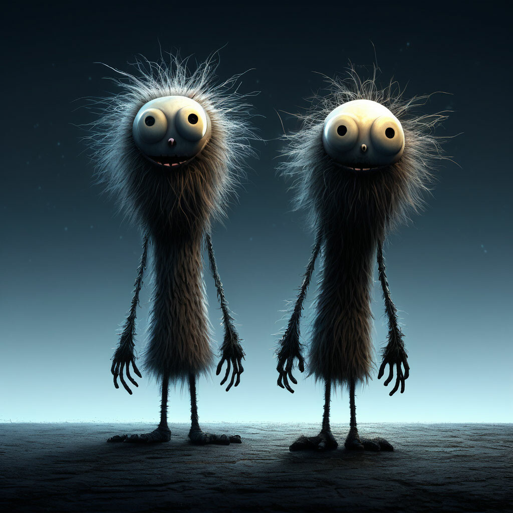 "A pair of shaggy strange-looking creep creatures standing next to each ...