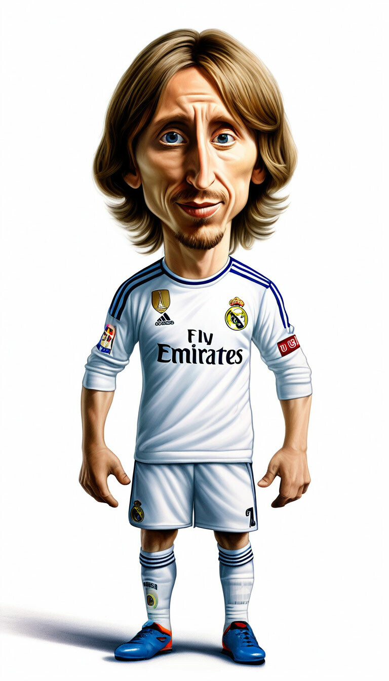"Luka Modric in white real madrid uniform, funny , caricature, colored ...