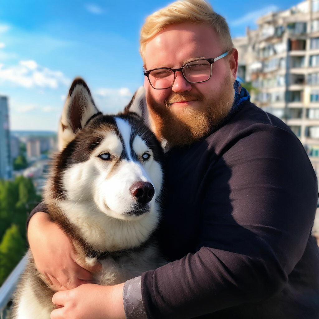 "A bearded fat blond man with glasses …" — image created in Shedevrum