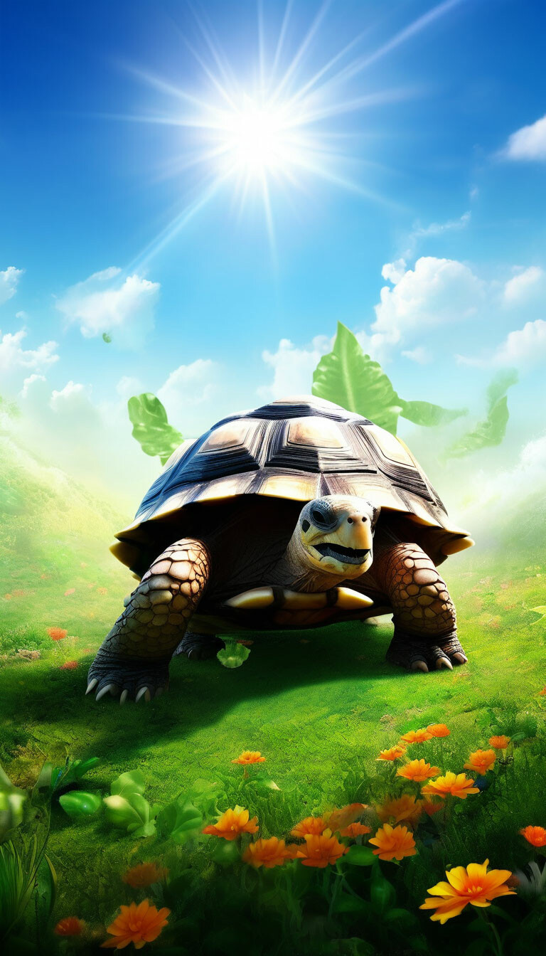 "A large land turtle crawling on a …" — image created in Shedevrum